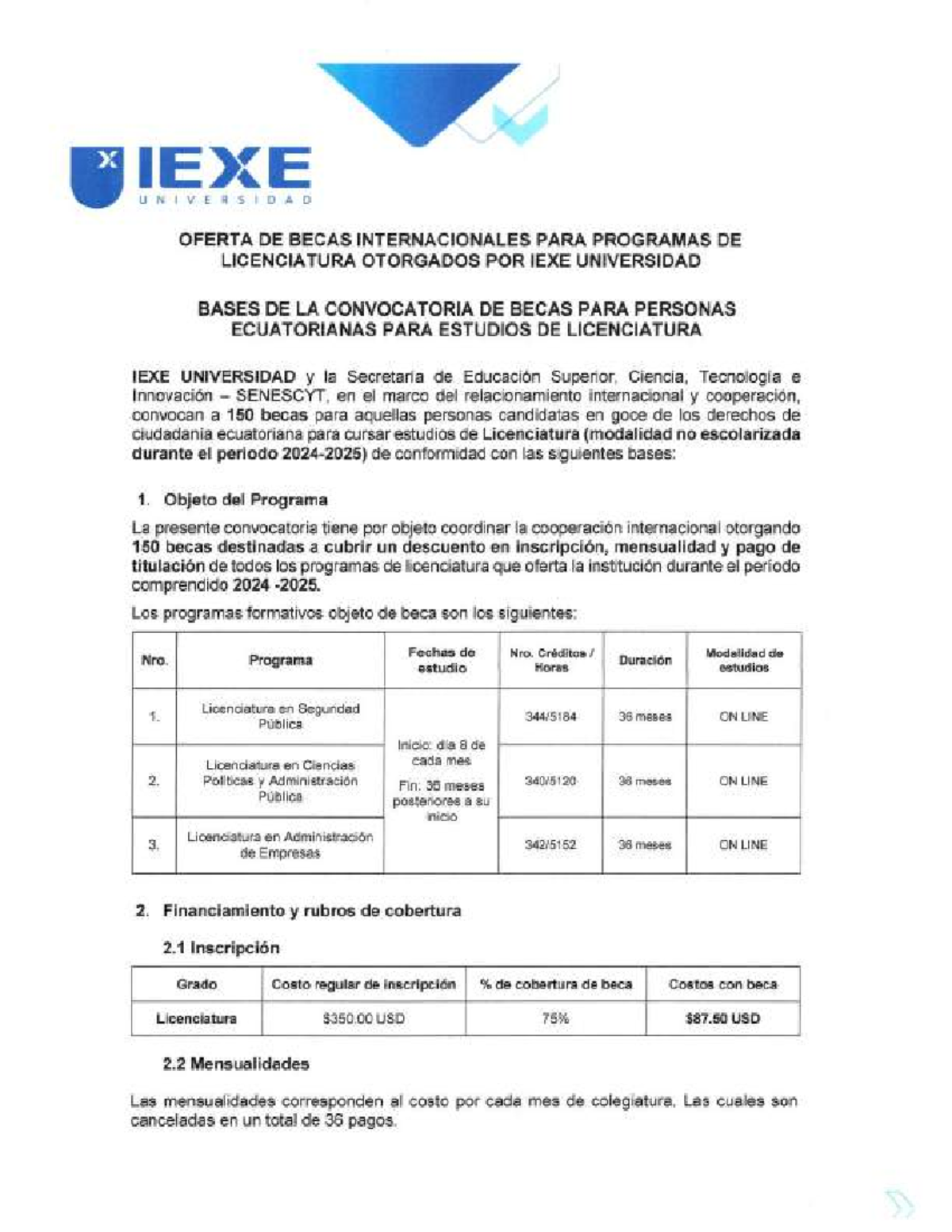 Bases Oficiales Licenciatura IEXE Universidad - IEXE UNVERSIDAD OFERTA ...