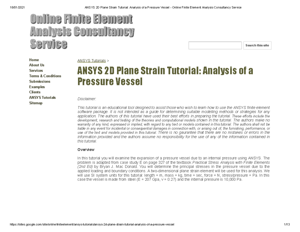 Ansys 2D Plane Strain Tutorial Analysis of a Pressure Vessel - Online ...
