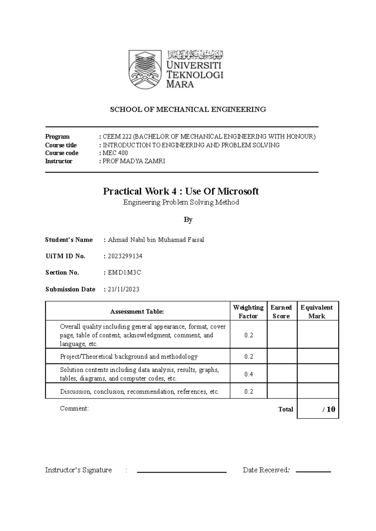 Mec 400 4 nabil - info info - SCHOOL OF MECHANICAL ENGINEERING Program ...