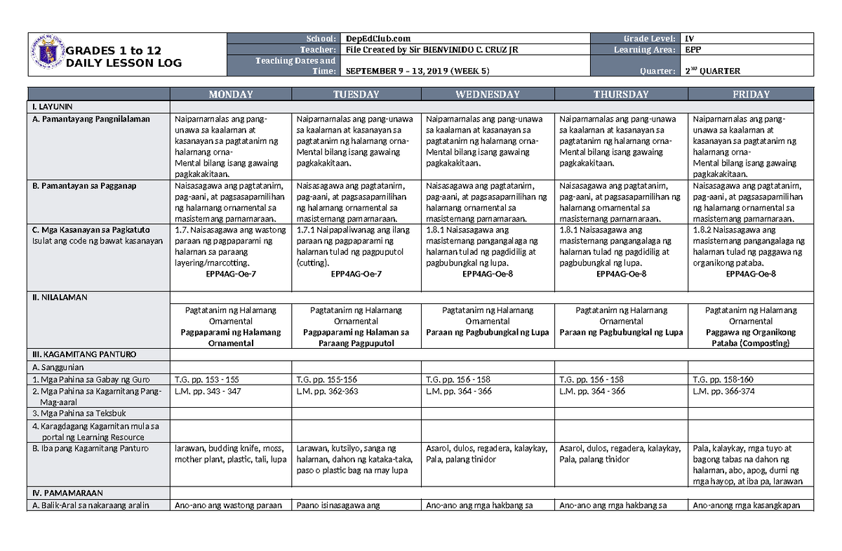 DLL EPP 4 Q2 W5 - DLL - GRADES 1 to 12 DAILY LESSON LOG School ...