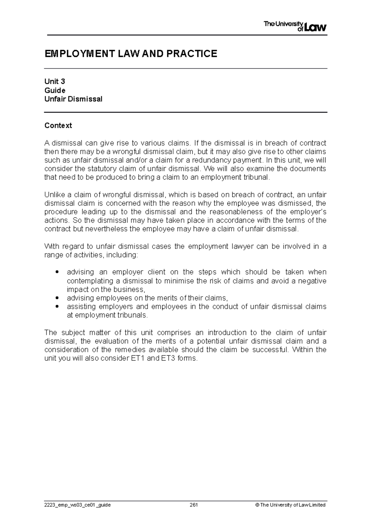 (W3.1) Unfair Dismissal - EMPLOYMENT LAW AND PRACTICE Unit 3 Guide ...