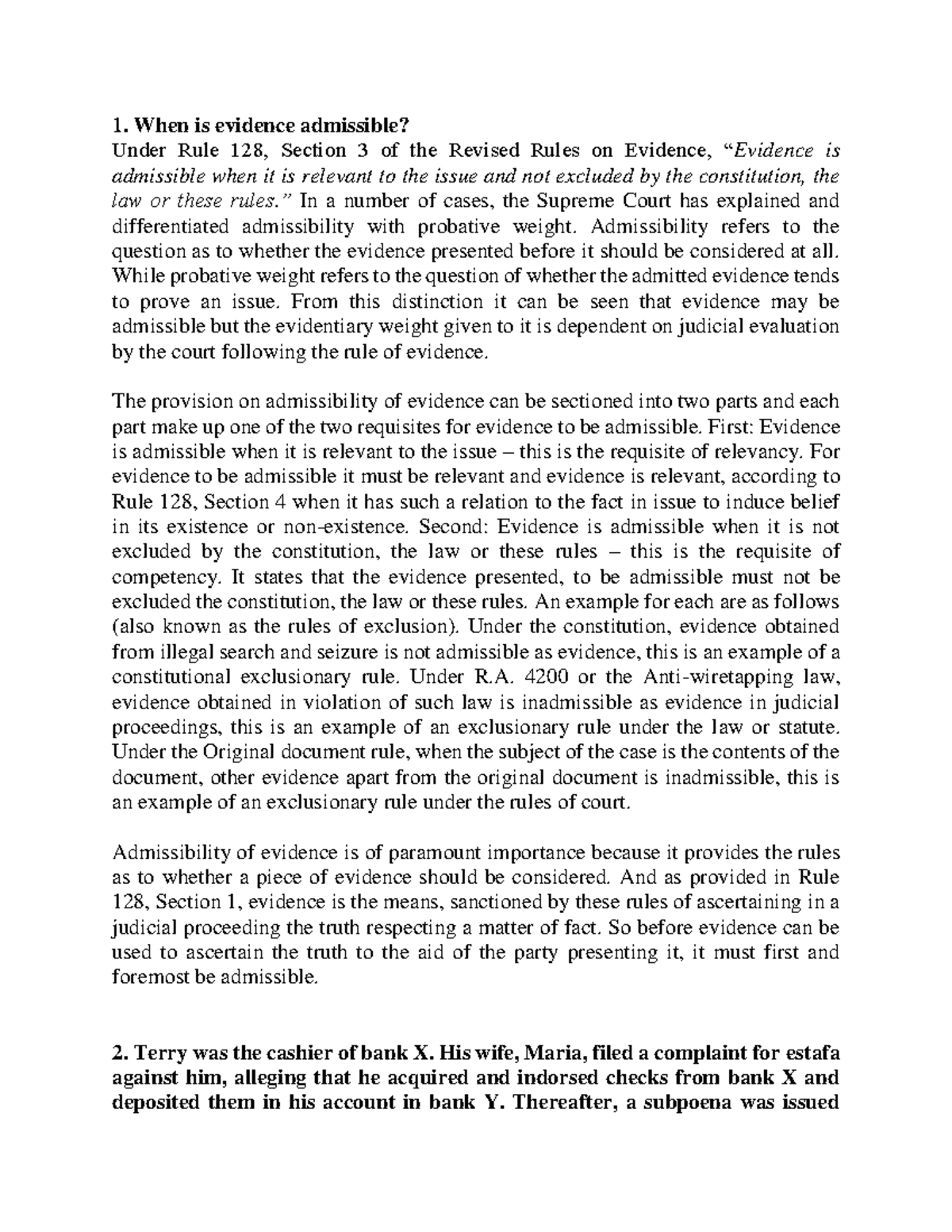 Evidence Case Digests - When is evidence admissible? Under Rule 128 ...