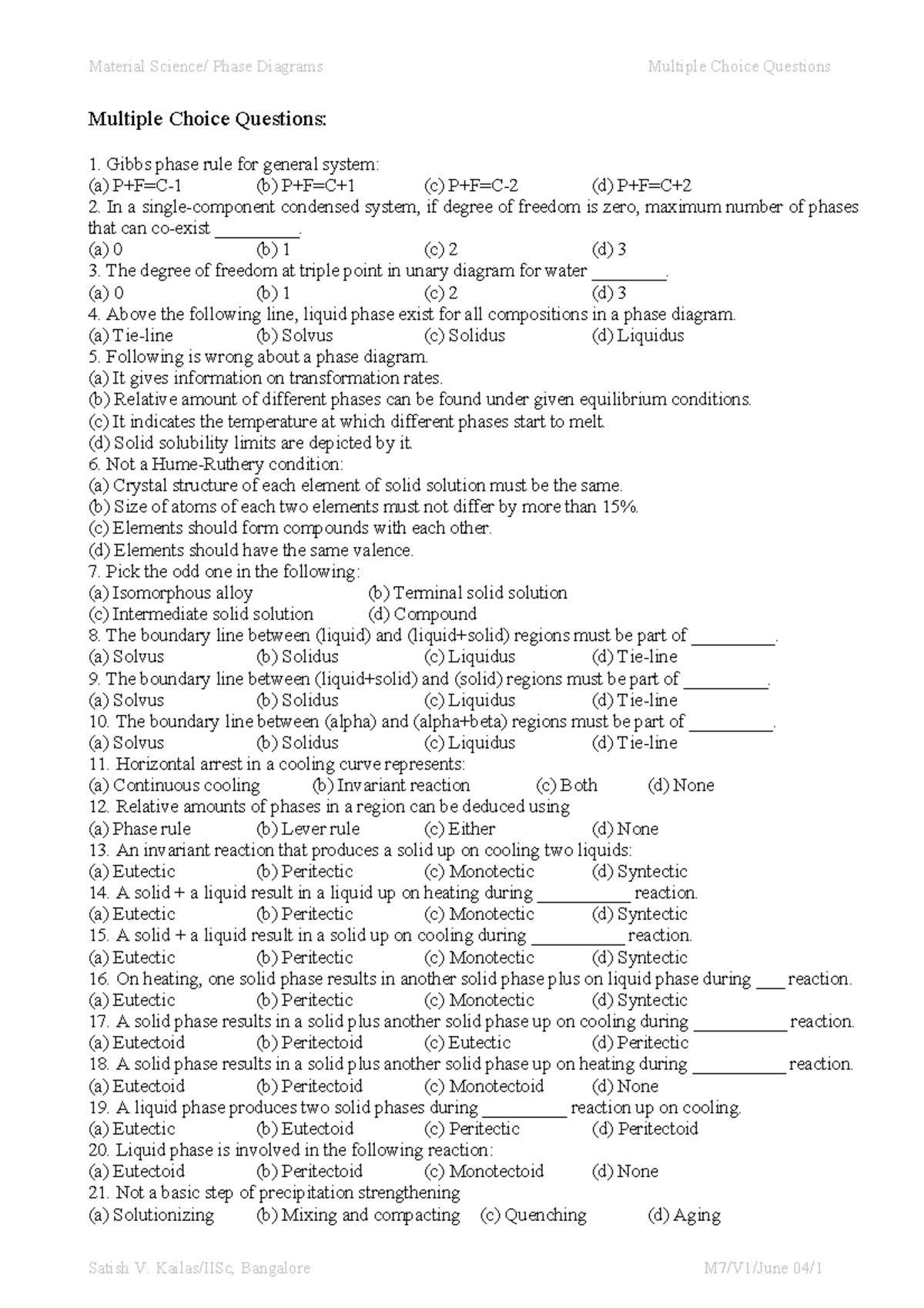 MCQ m7 - Material Science/ Phase Diagrams Multiple Choice Questions Multiple Choice Questions ...