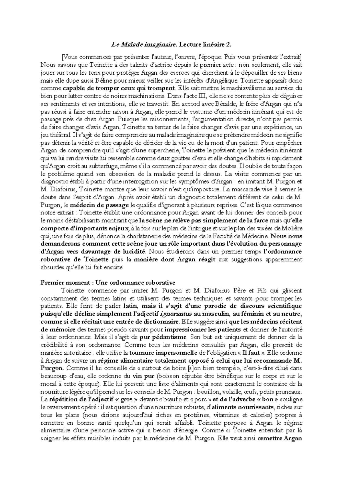Lecture linéaire 2 Molière - Le Malade imaginaire. Lecture linéaire 2 ...
