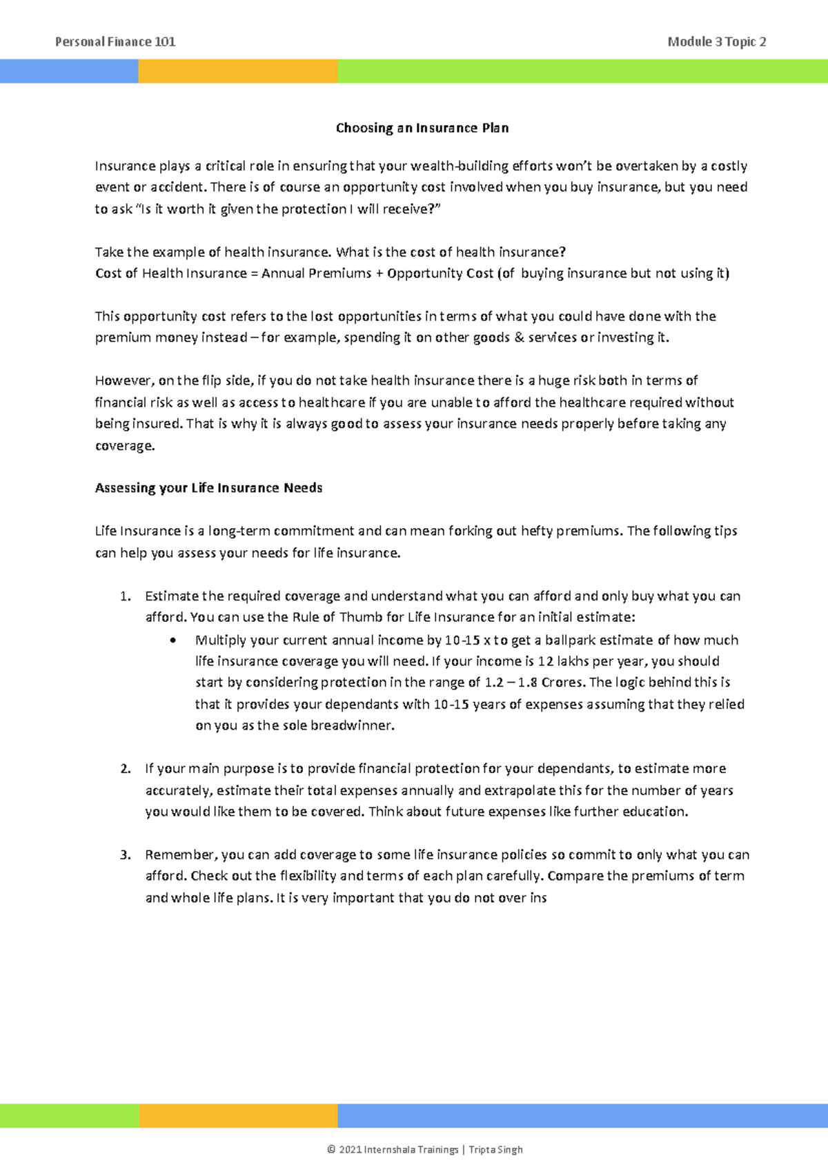 PF101 M3 T2 E5 Choosing an Insurance Plan - Personal Finance 101 Module ...