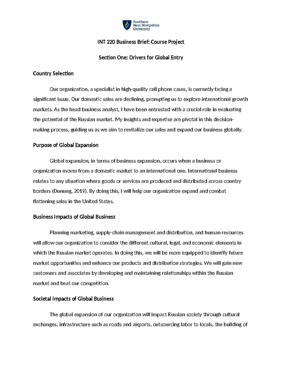 INT 220 Business Brief MOD 2 - INT 220 Business Brief: Course Project ...