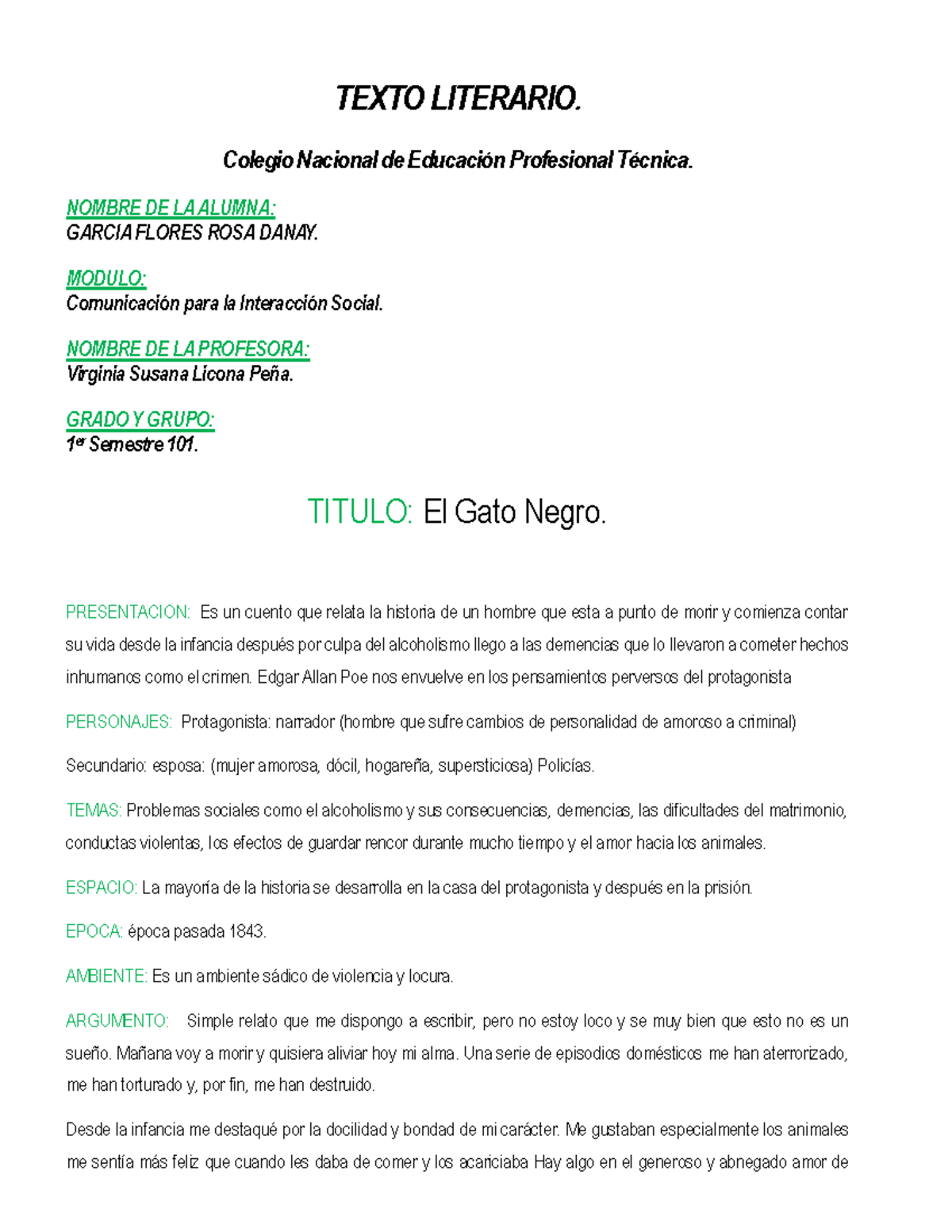 EL GATO Negro Cuento ROSA Danay Garcia Flores Grupo 101 1 - TEXTO ...