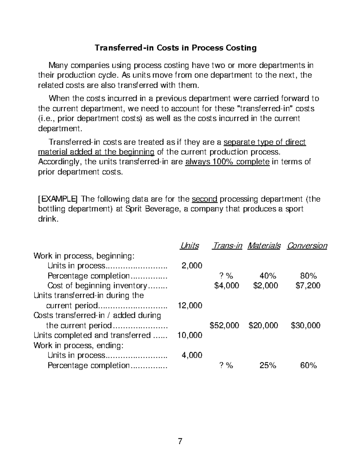 Handout Process Costing Transferred In Spoilage Costs - Transferred-in Costs in Process Costing ...