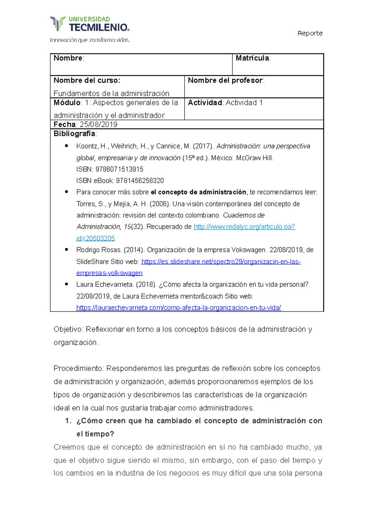 Actividad 1 Fundamentos De Administración Tecmilenio Studocu