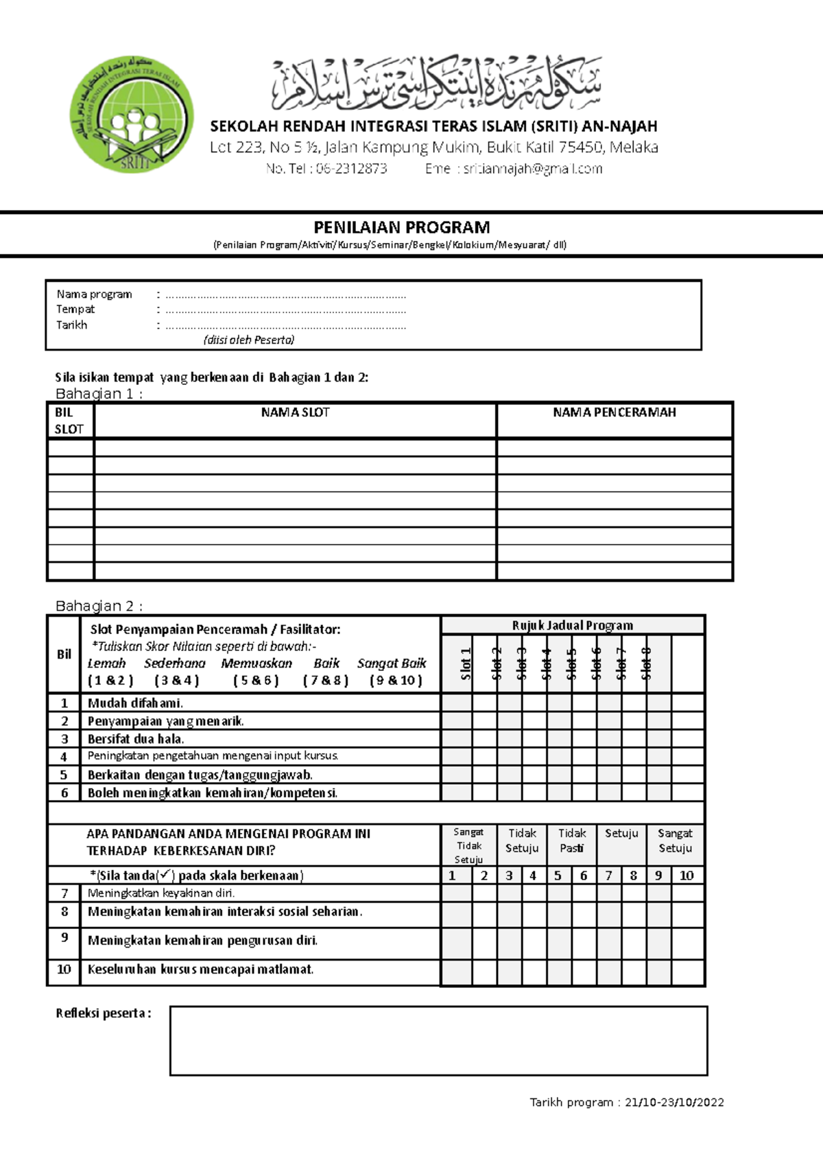 Borang Refleksi Peserta - PENILAIAN PROGRAM (Penilaian - Studocu