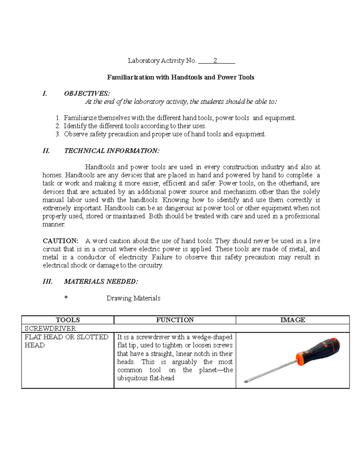 ACT 2 Handtools - Laboratory Activity No. 2 Familiarization with ...