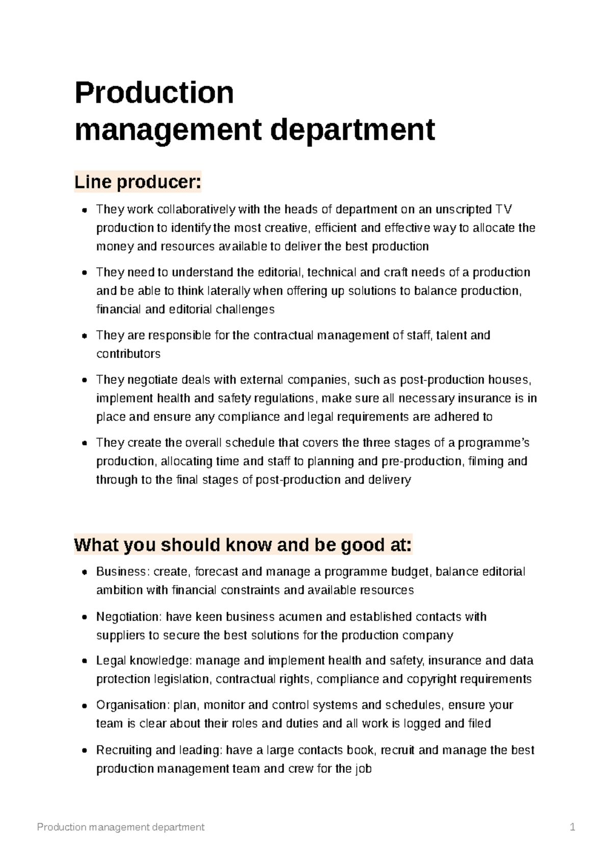 Unscripted TV Production managment - management department Line ...