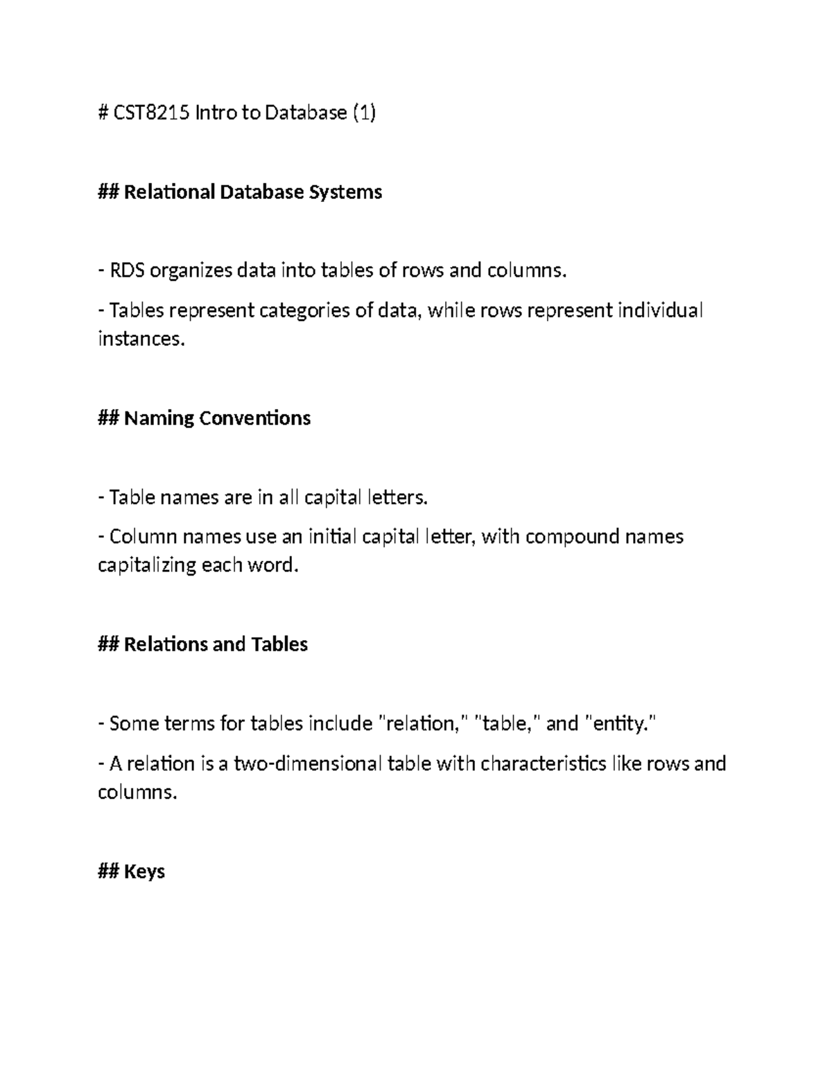 CST1101 Cheatshit - CST8215 Intro to Database (1) Relational Database Systems RDS organizes data ...