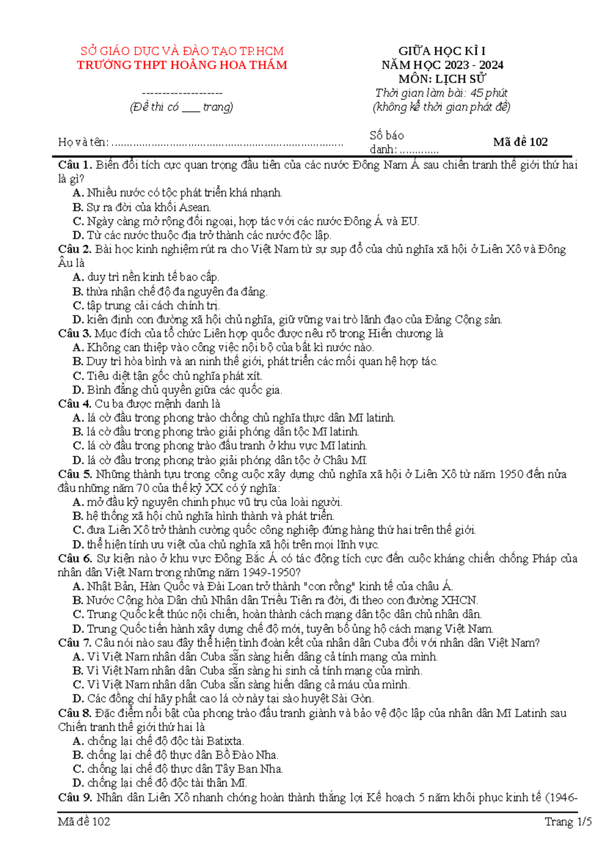 Ma de 102 - Lsu ktra ké update thui - S Ở GIÁO D ỤC VÀ ĐÀO T ẠO TP TR ƯỜNG THPT HOÀNG HOA THÁM ...