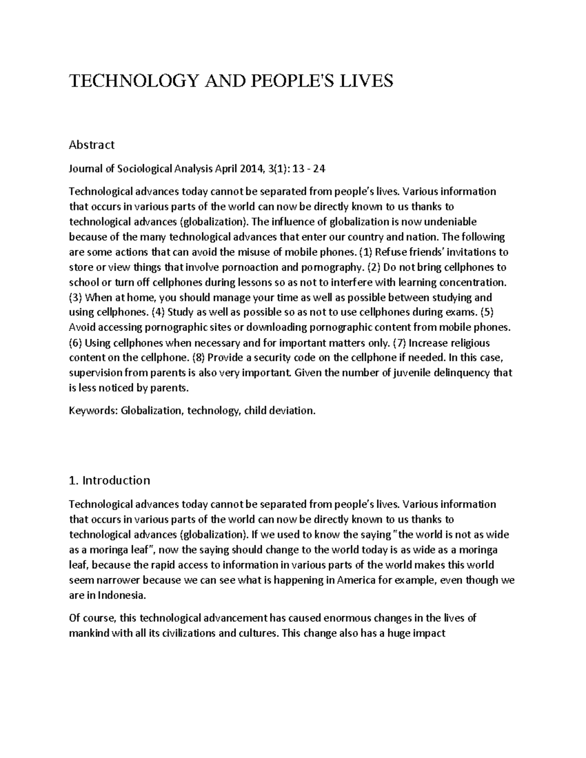 Technology AND People'S Lives - TECHNOLOGY AND PEOPLE'S LIVES Abstract ...