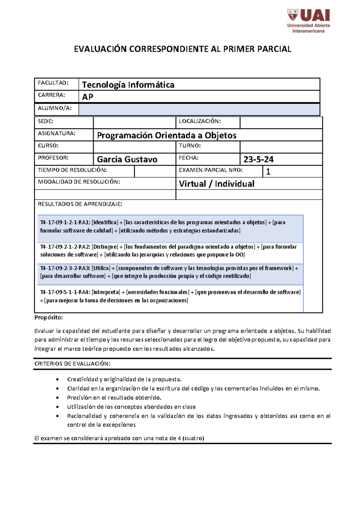 1er parcial POO AP-2024 240720 160232 - EVALUACIÓN CORRESPONDIENTE AL ...