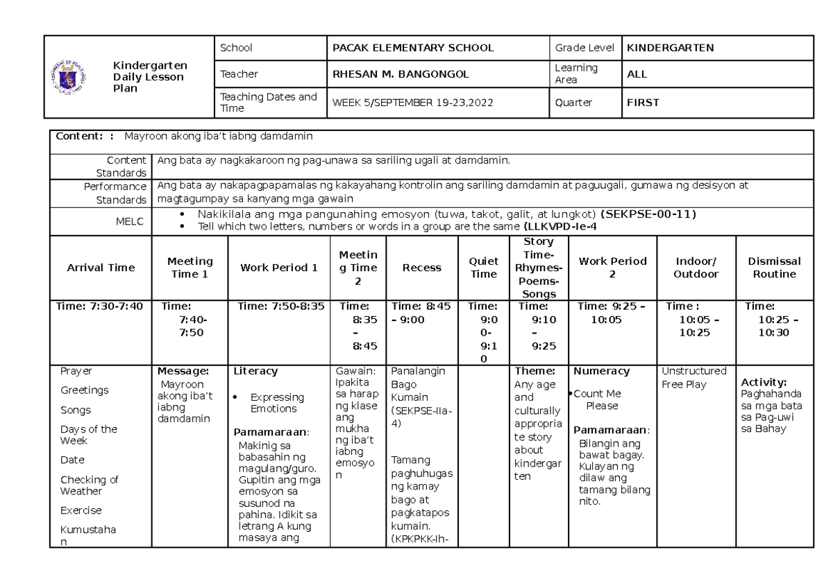 Kinder-New-DLL week5 day4 - Kindergarten Daily Lesson Plan School PACAK ...