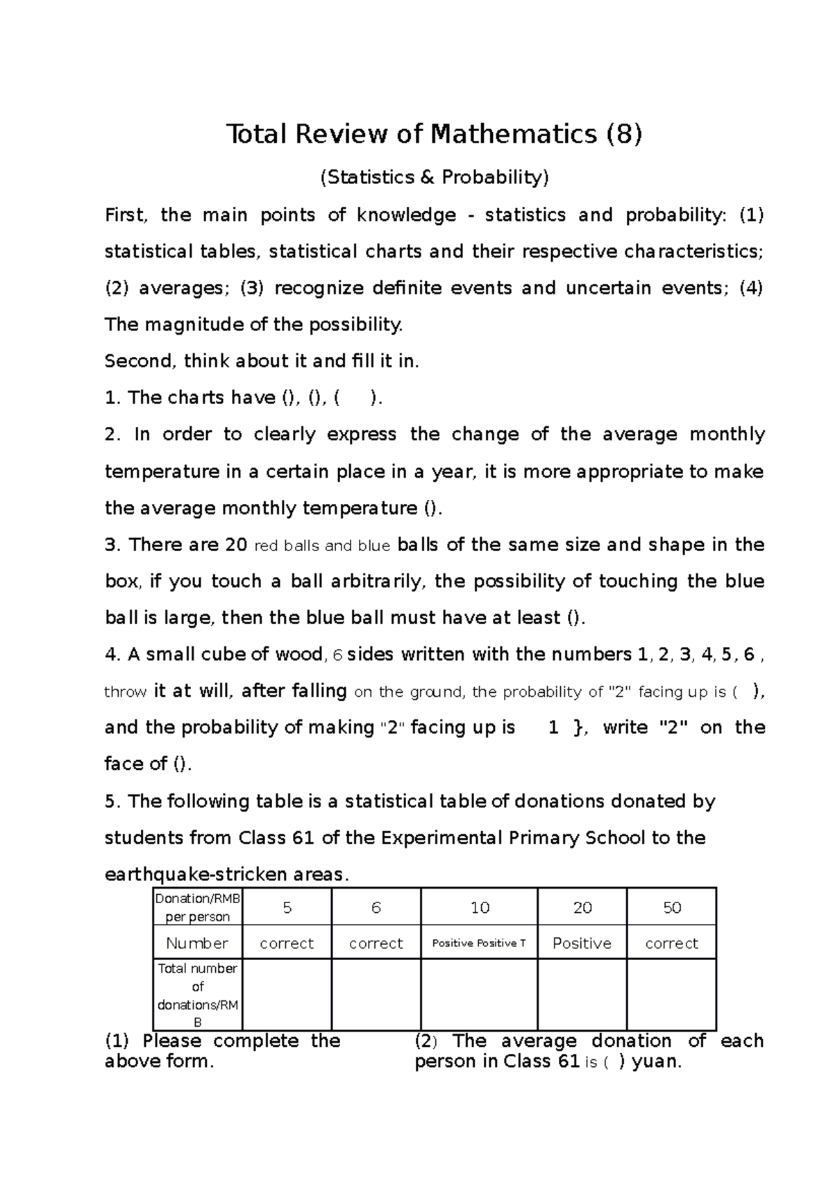 Total Review of Mathematics - Second, think about it and fill it in ...
