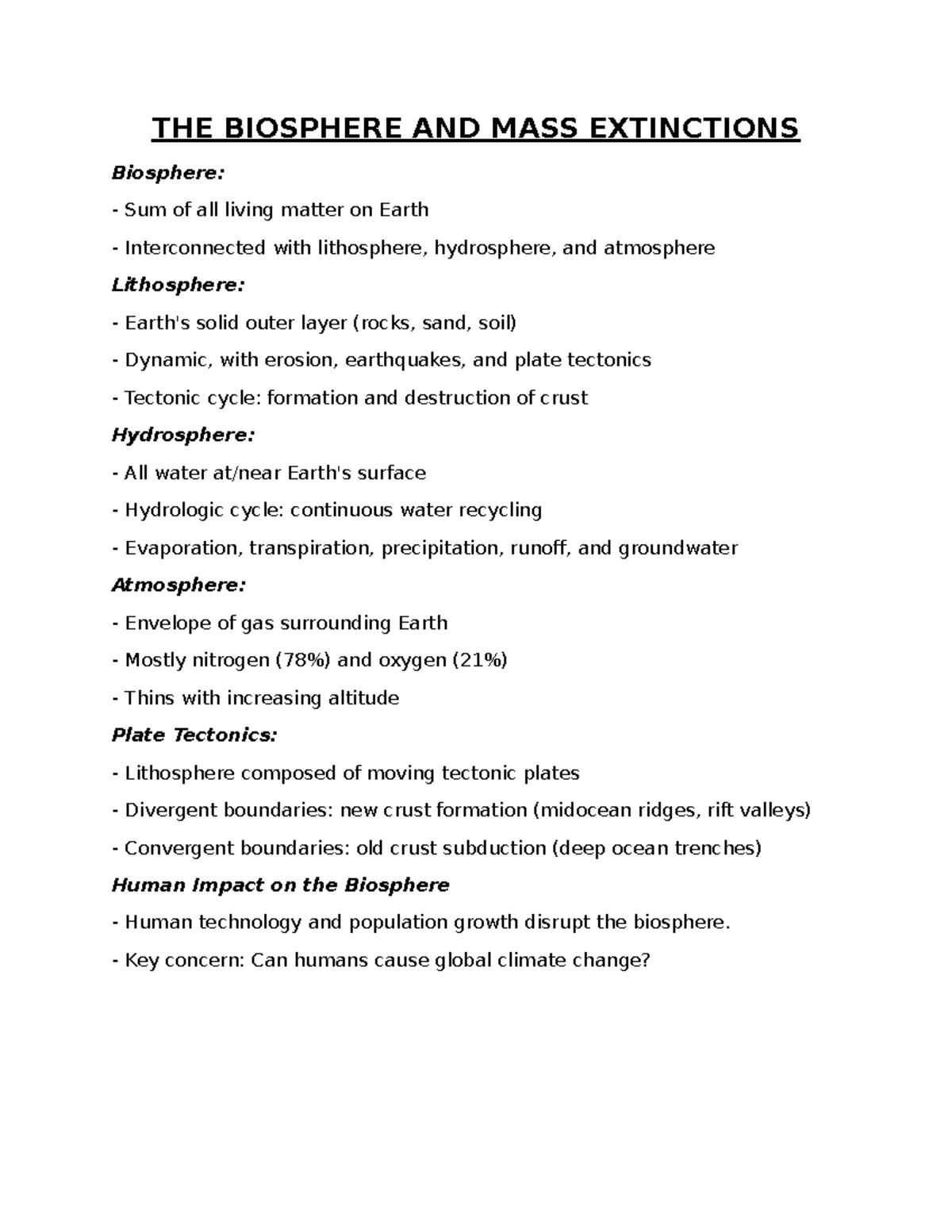 Environmental science - THE BIOSPHERE AND MASS EXTINCTIONS Biosphere ...