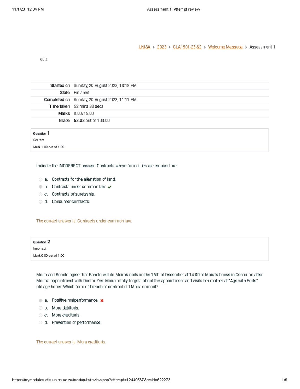 Assessment 1 Attempt review - UNISA 2023 CLA1501-23-S2 Welcome Message ...