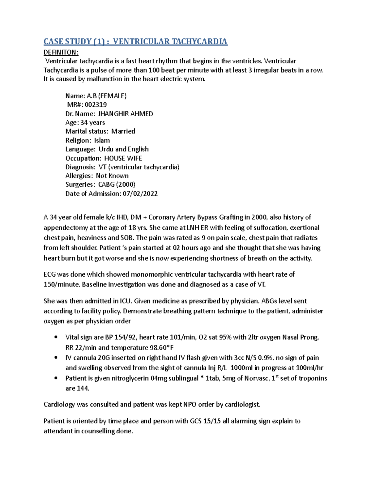 Case studies for potfolio - CASE STUDY (1) : VENTRICULAR TACHYCARDIA ...