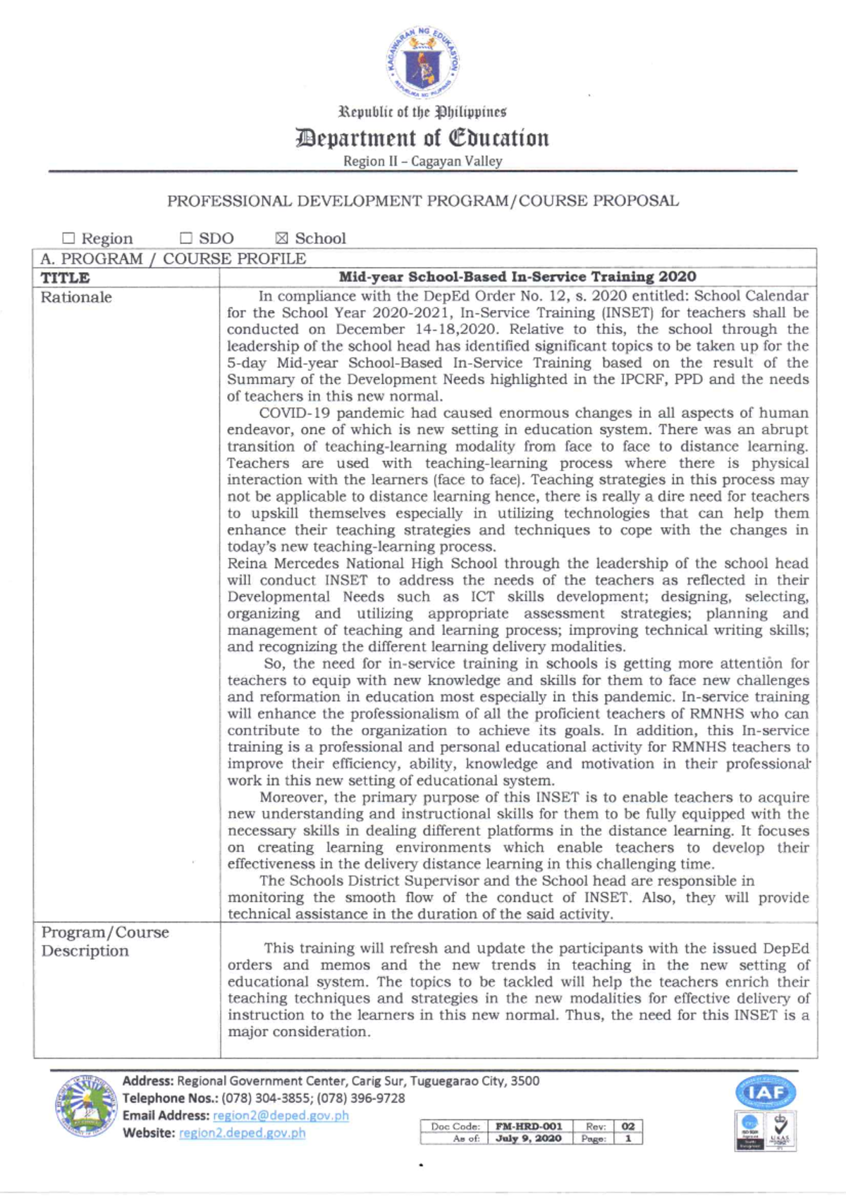 306116 Rmnhs L&D Inset - teacher education - Studocu