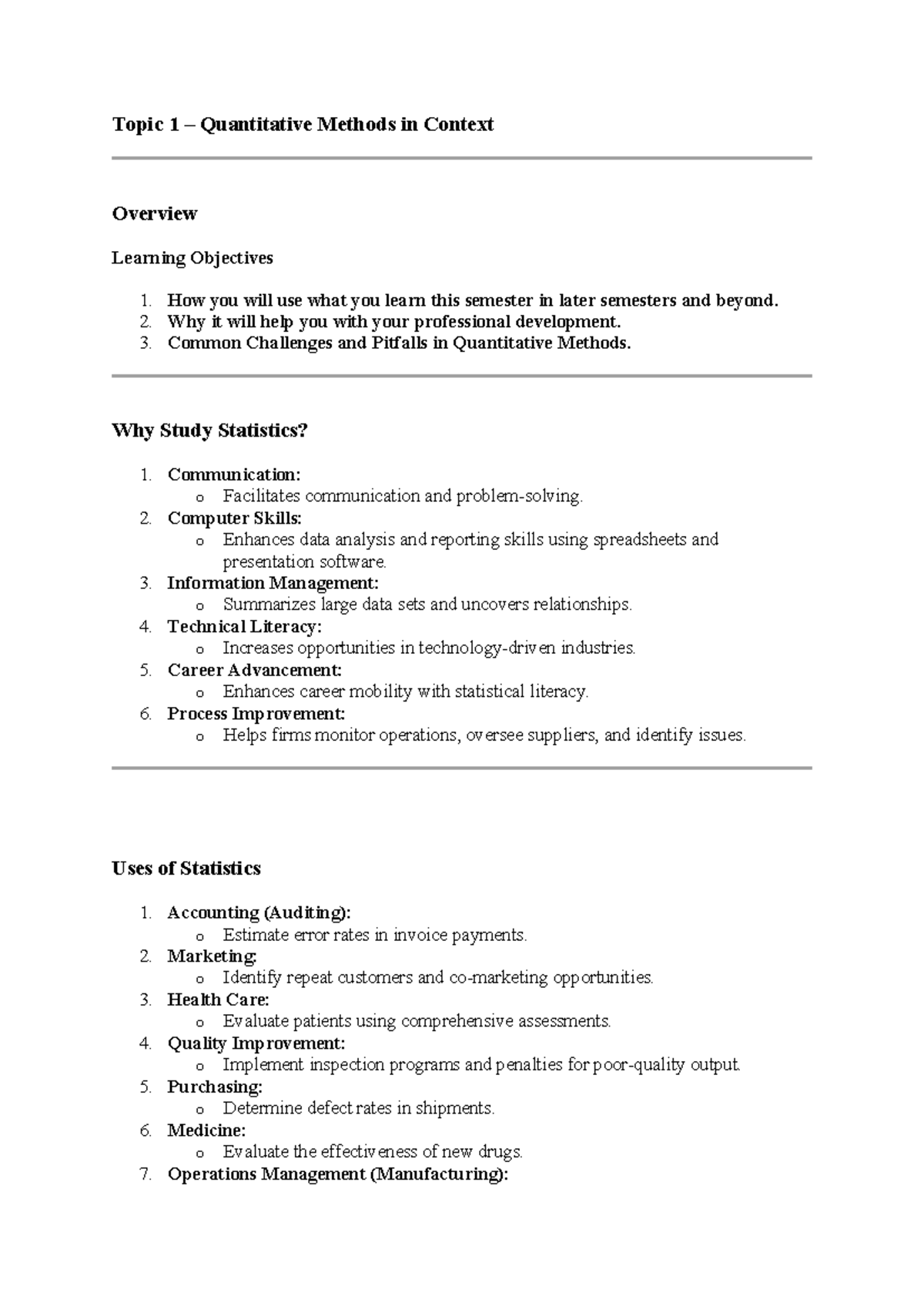 Quantitative Methods - Cheatsheet - Topic 1 – Quantitative Methods in Context Overview Learning ...
