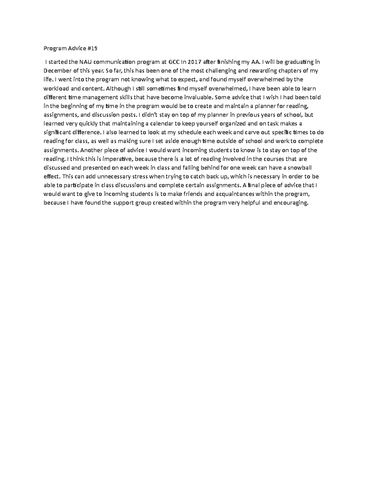 PA 19 - Program Advice. - Program Advice #19 I started the NAU ...