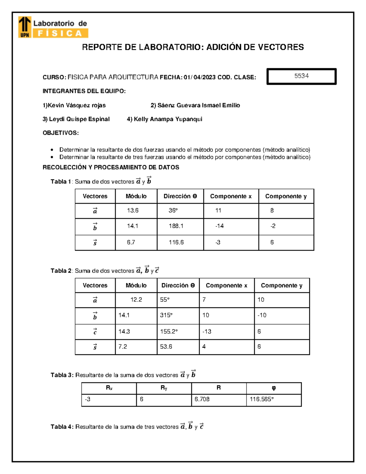 Reporte LAB Fisiarq S02 - REPORTE DE LABORATORIO: ADICIÓN DE VECTORES CURSO: FISICA PARA - Studocu