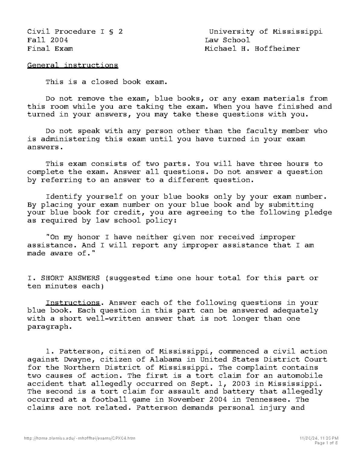 Civ pro Essay - Notes - Civil Procedure I § 2 University of Mississippi ...