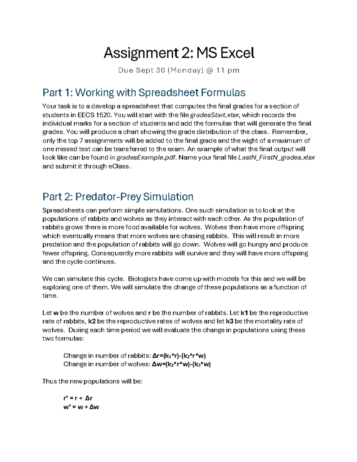 Assignment 2 Handout - Assignment 2: MS Excel Due Sept 30 (Monday) @ 11 ...