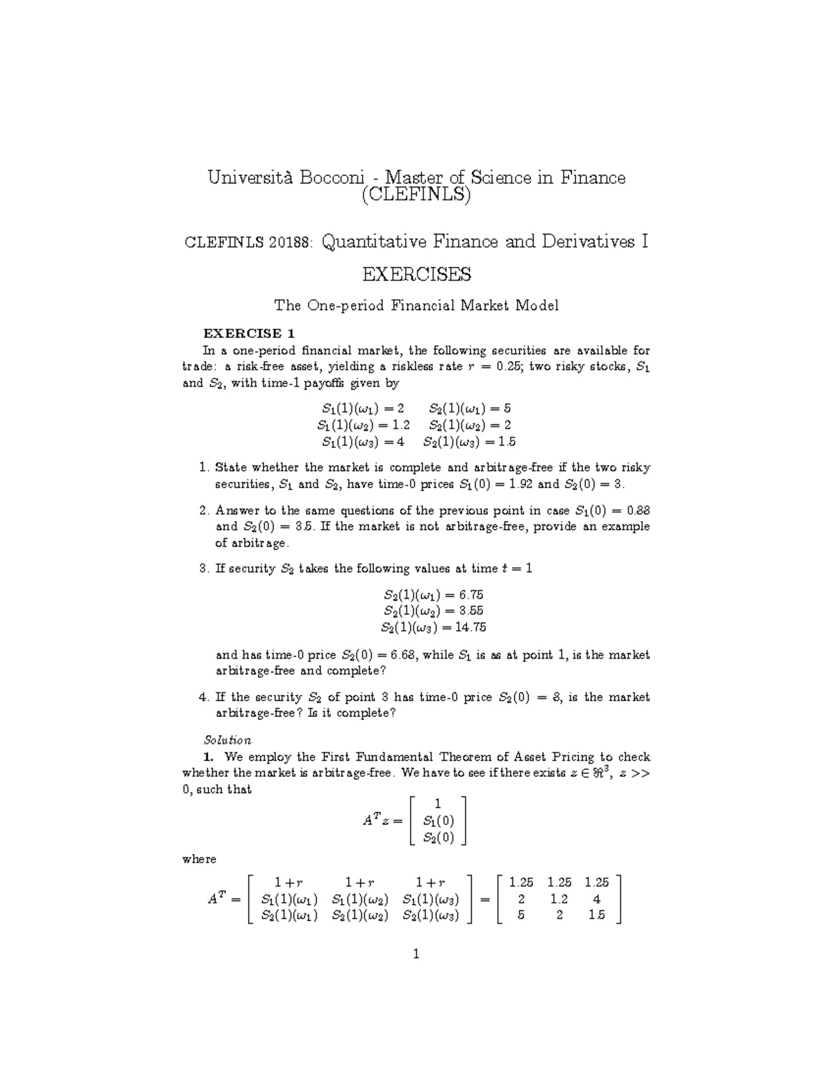 Exercises oneperiod 2020 - Universit‡ Bocconi - Master of Science in ...