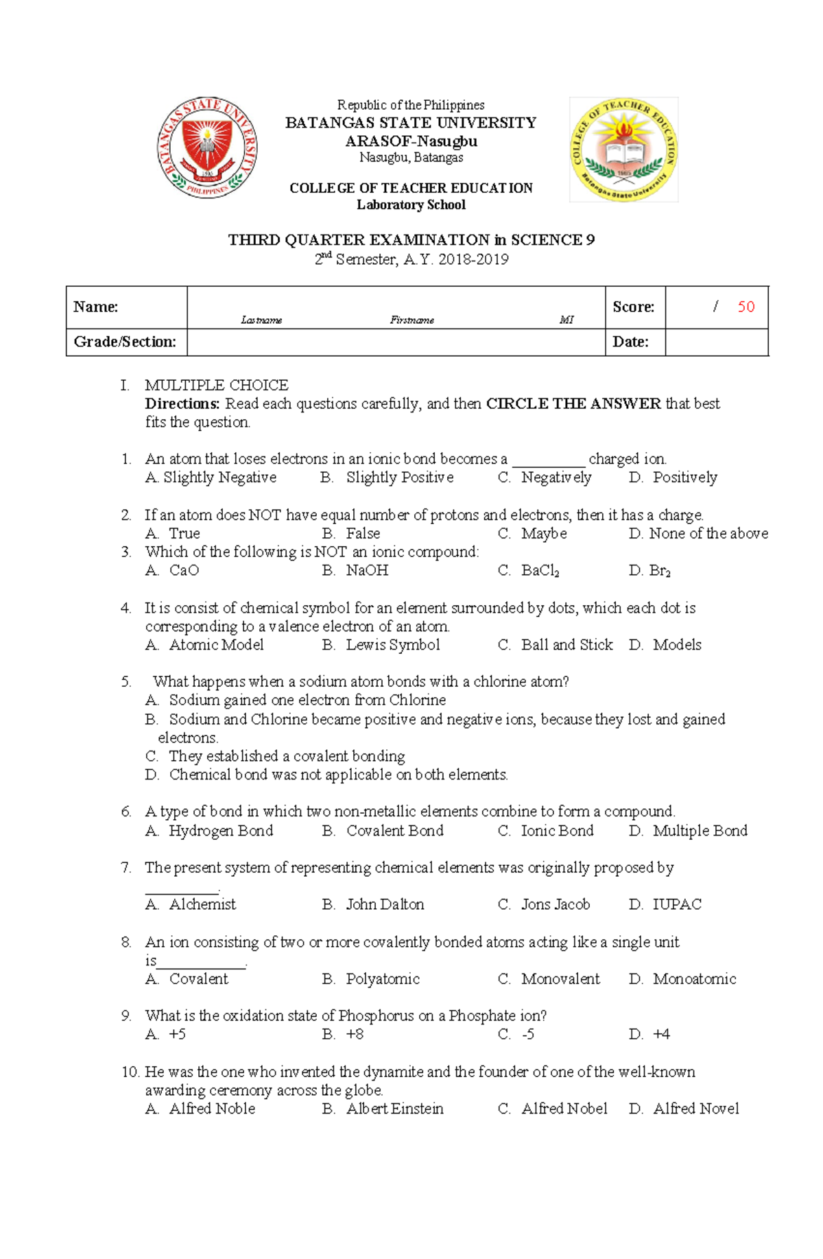 436234329 Third Quarter Exam Grade 9 docx - Republic of the Philippines ...