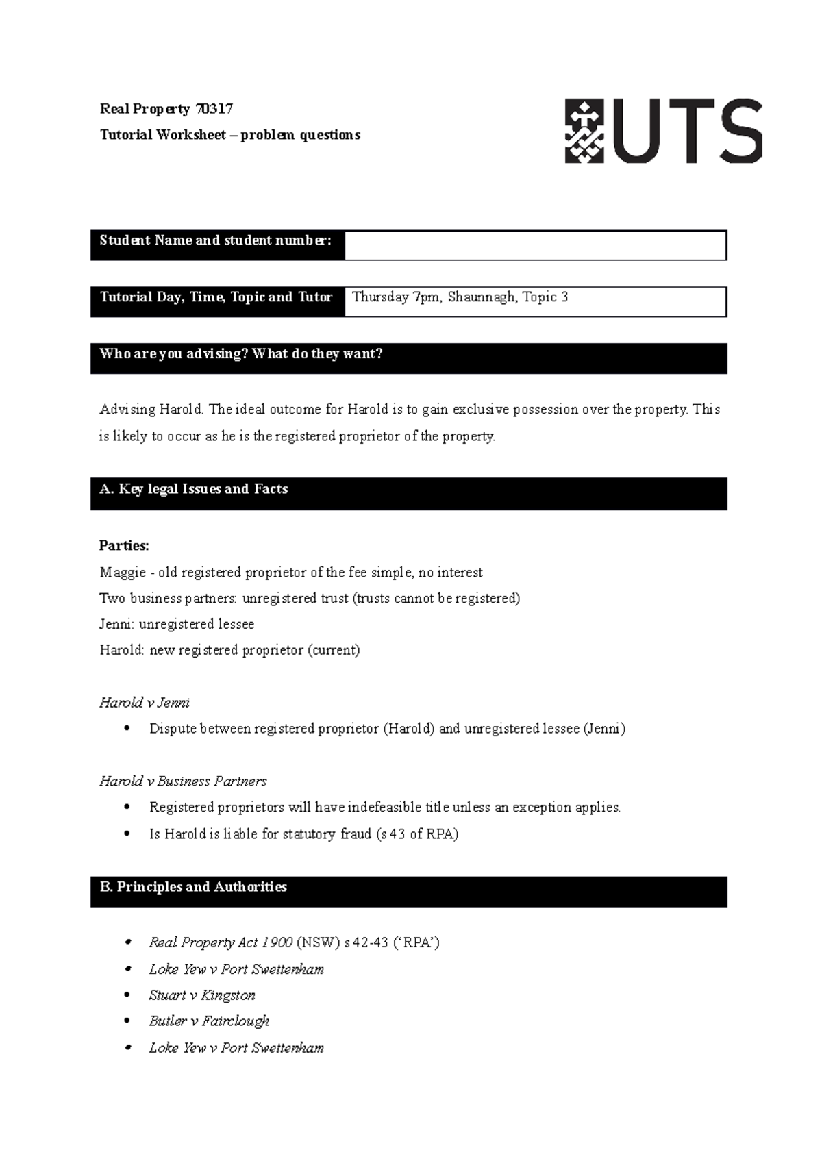 RP Tutorial Preparation 1 - Real Property 70317 Tutorial Worksheet ...