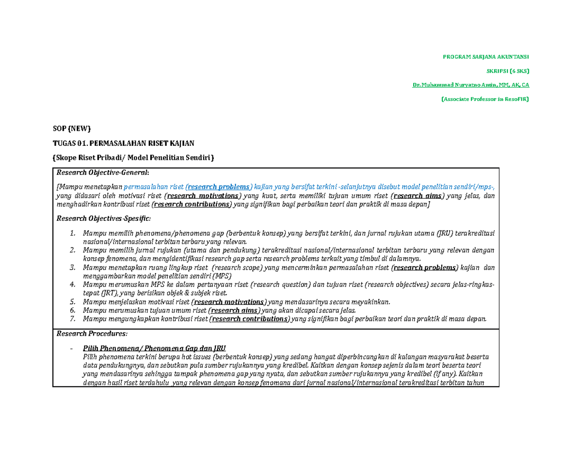 A10. Tugas 01. Permslhan Riset Kajian (SOP) - PROGRAM SARJANA AKUNTANSI SKRIPSI (6 SKS) Dr ...