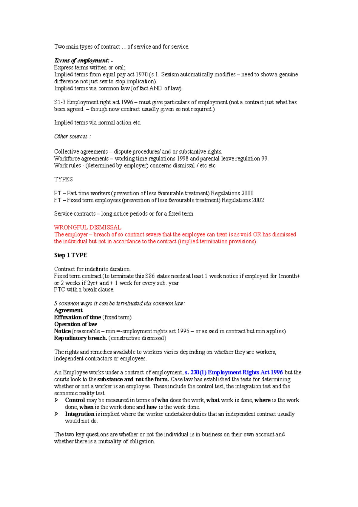 Employment Revision M1 - Two main types of contract service and for ...