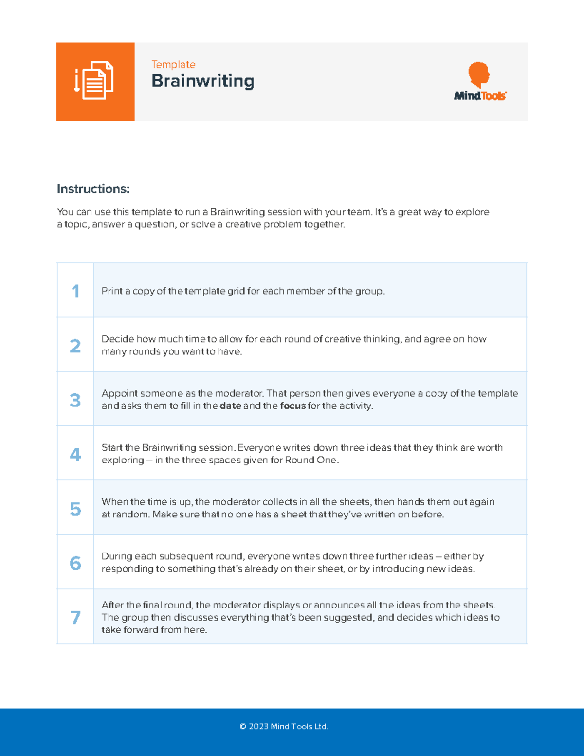 Brainwriting WS - © 2023 Mind Tools Ltd. Template Brainwriting 1 Print ...