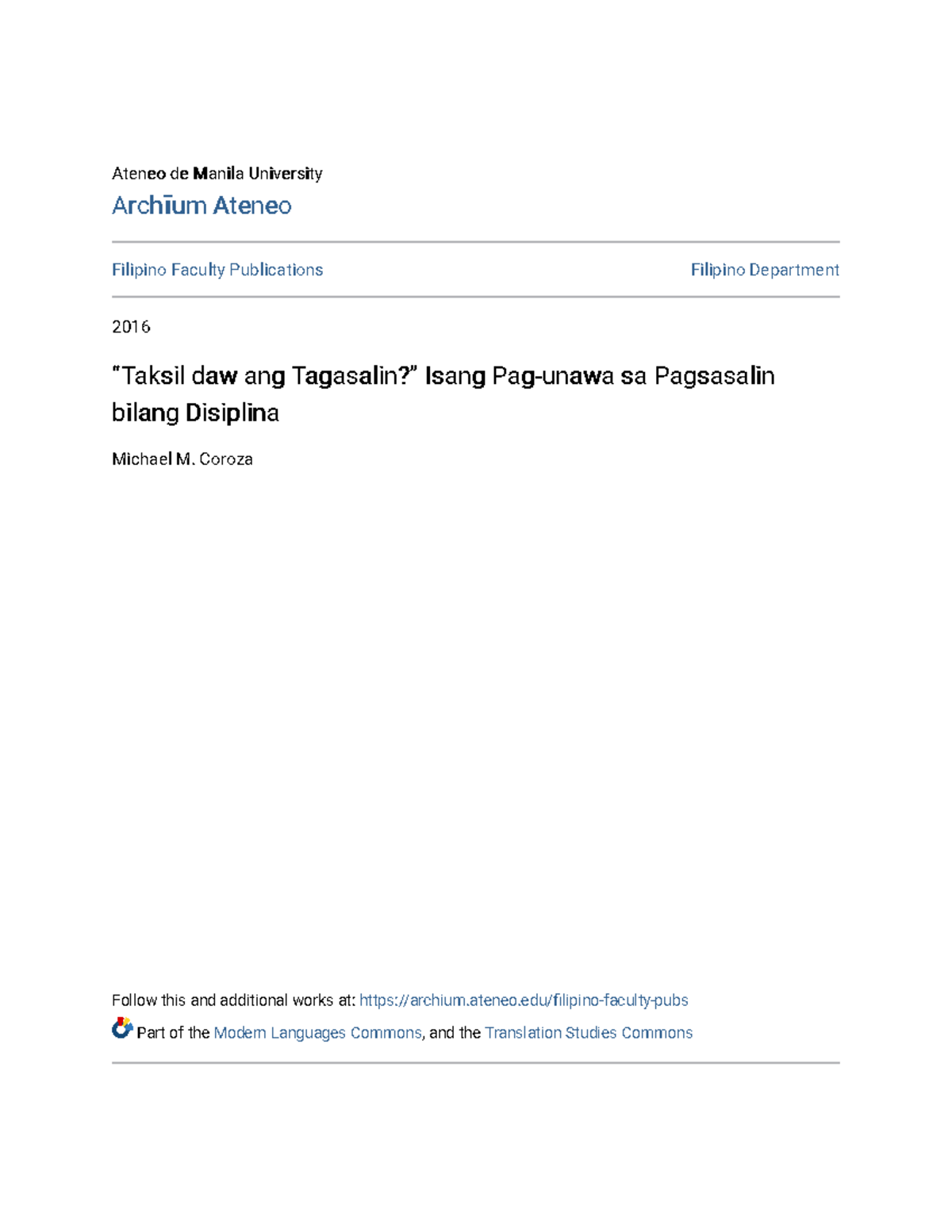 Taksil daw ang Tagasalin Coroza - Ateneo de Manila UniversityAteneo de Manila University ...