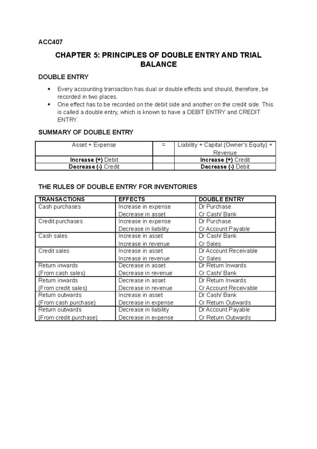 ACC407 Notes 5 - ACC CHAPTER 5: PRINCIPLES OF DOUBLE ENTRY AND TRIAL ...