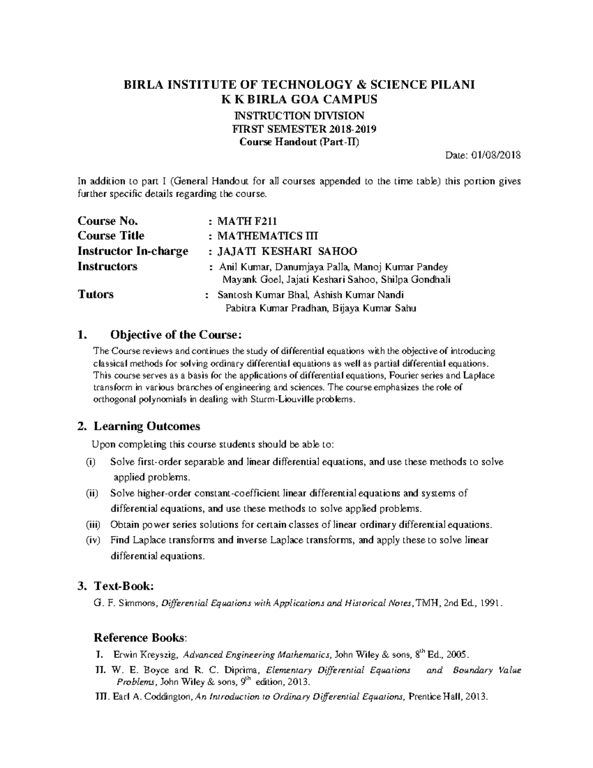 MATH F211-Handout - Course summary - Mathematics III - BITS Pilani - Studocu