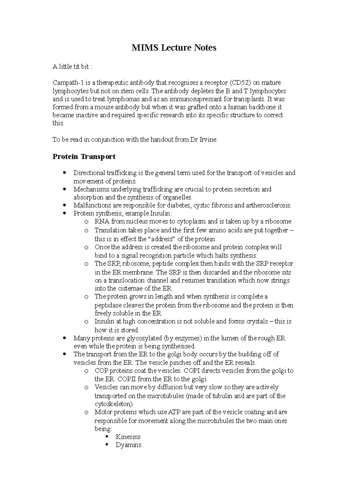 Membrane Trafficking and cell signalling - MIMS Lecture Notes A little ...
