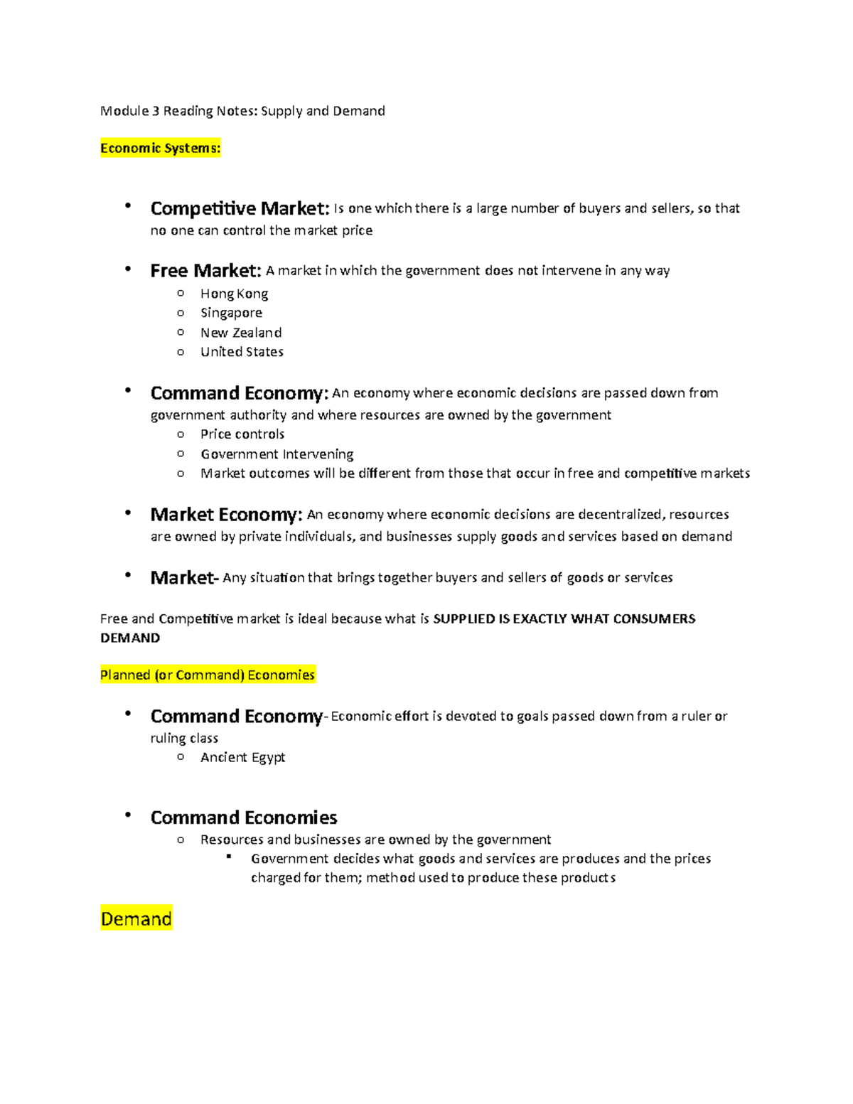 Module 3 Reading Notes - Module 3 Reading Notes: Supply and Demand ...