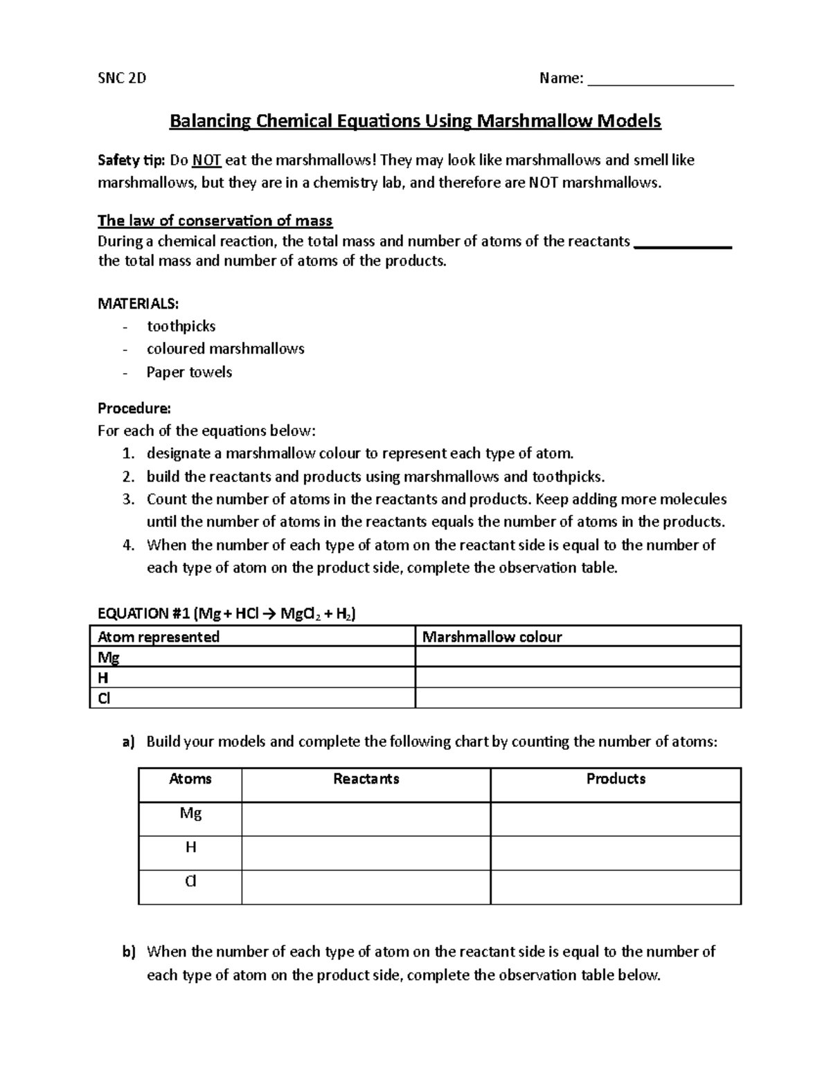 Balancing chemical equations using marshmallow models - SNC 2D Name ...