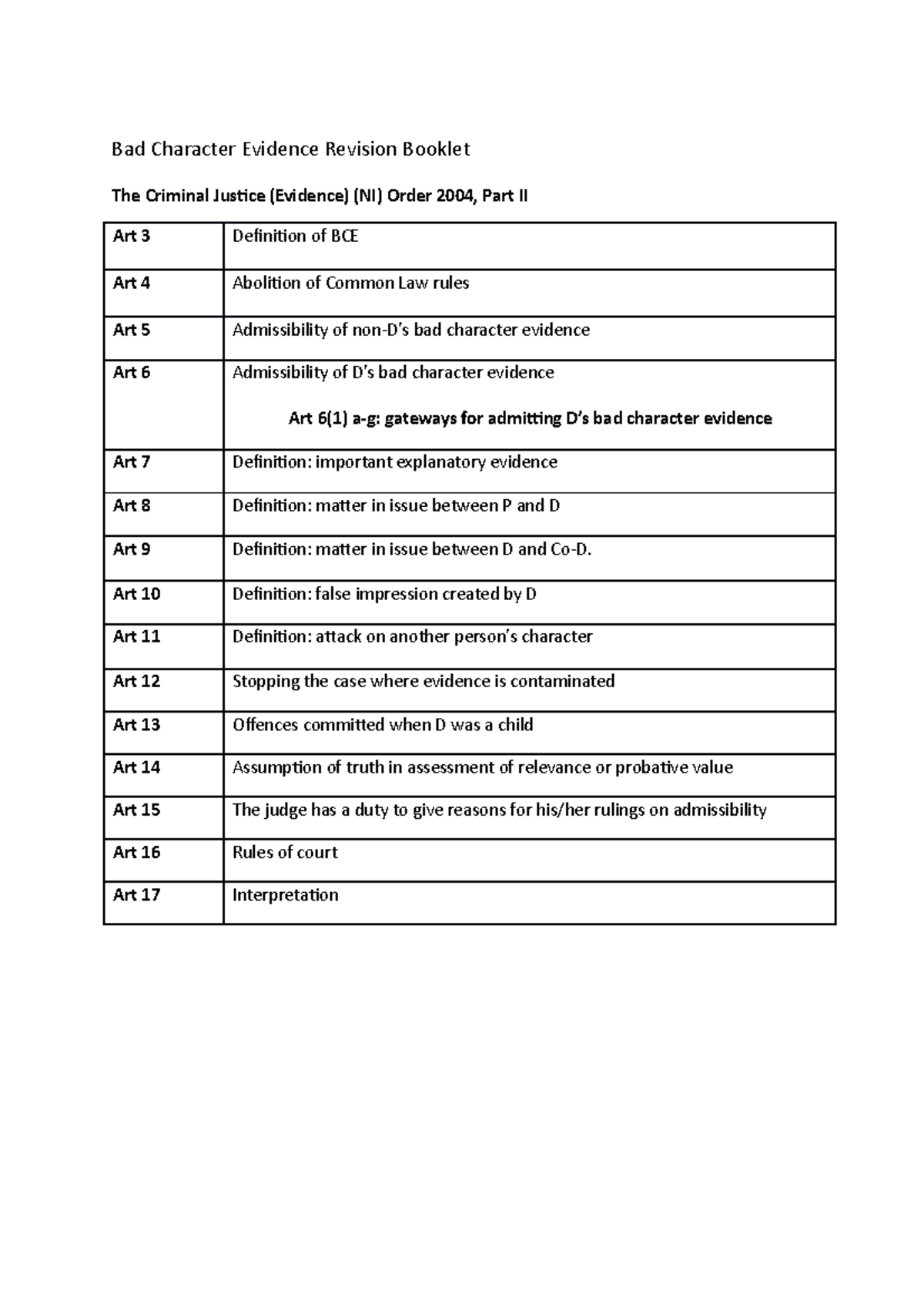 Bad Charcater Revision Booklet - Bad Character Evidence Revision ...