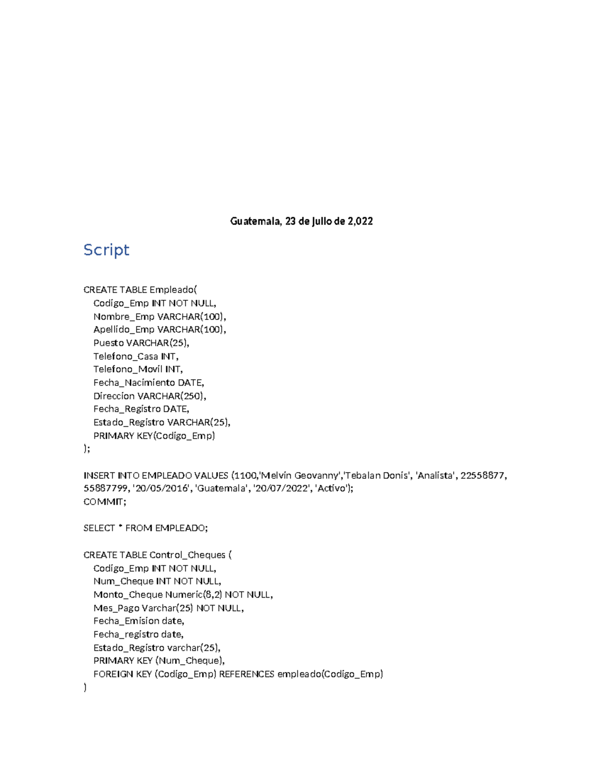 Tarea Caso Practico 2 - Base de Datos I - Guatemala, 23 de julio de 2 ...
