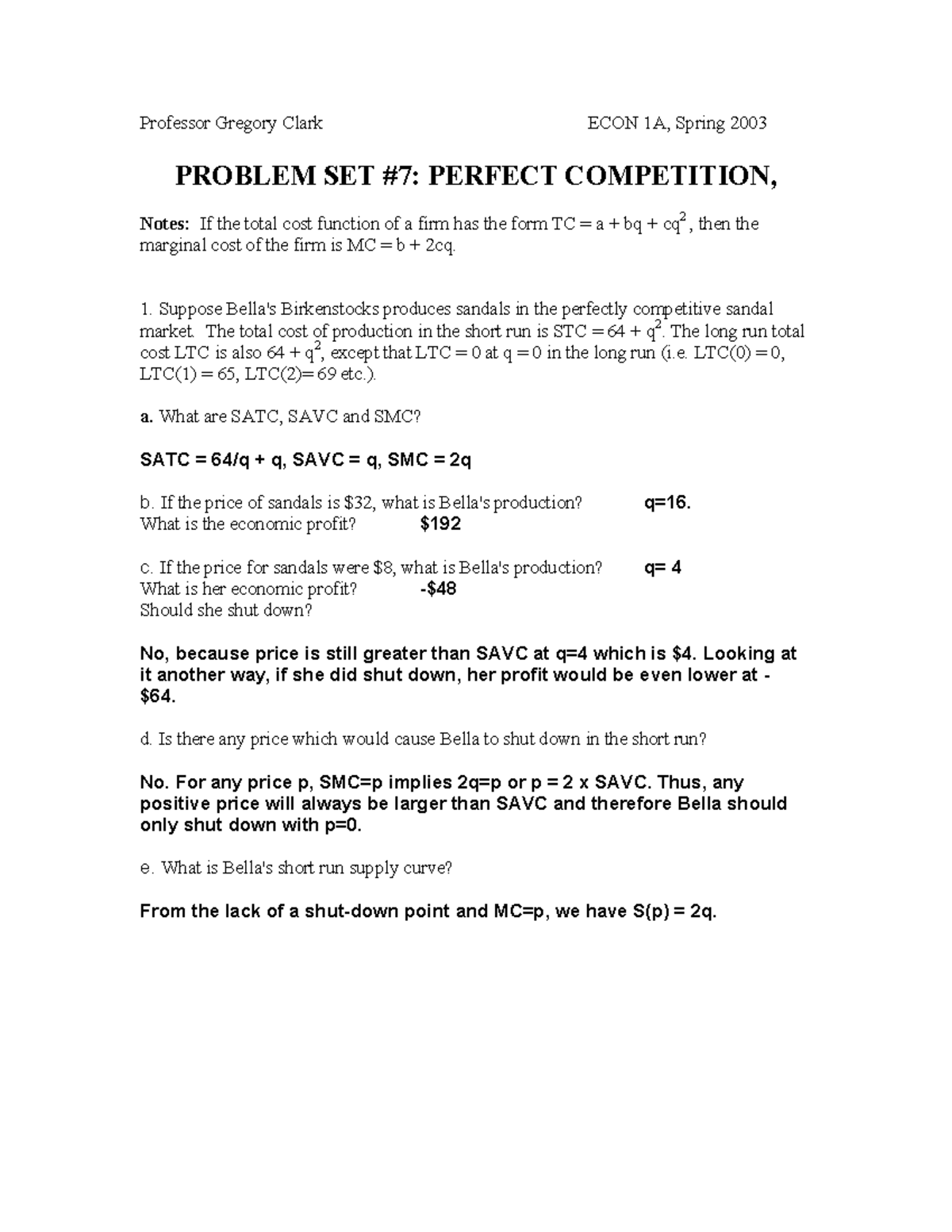 Perfect competition - Professor Gregory Clark ECON 1A, Spring 2003 ...