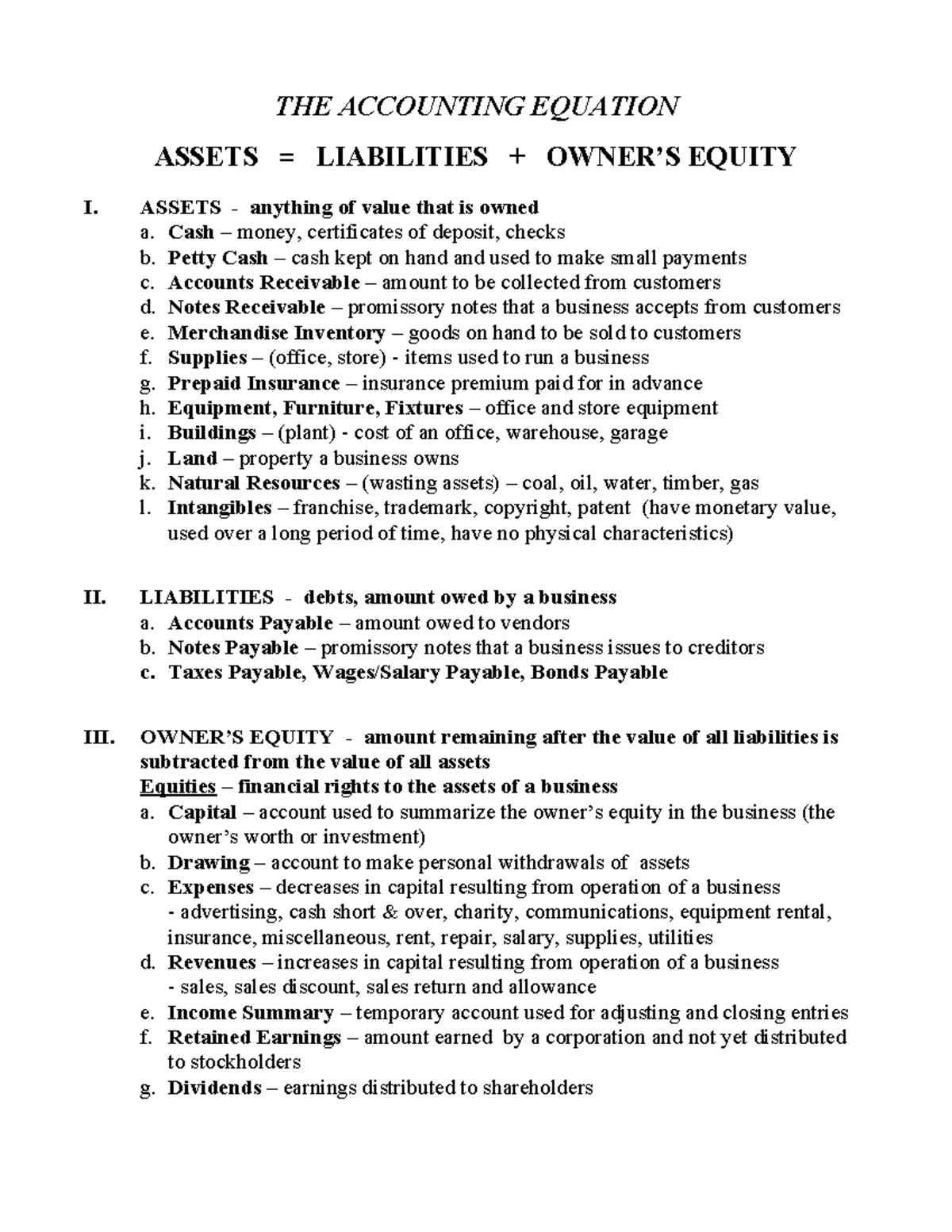 Ch 1 acct equation handout - THE ACCOUNTING EQUATION ASSETS ...