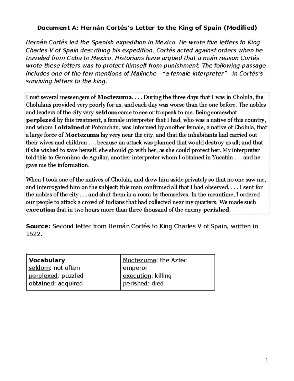 La Malinche-Student Materials - Document A: Hernán Cortés’s Letter to ...