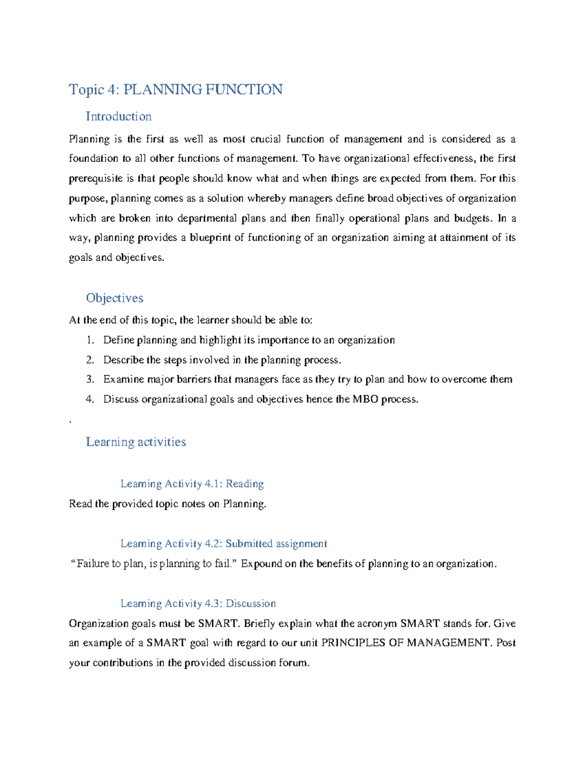 Topic 4. Planning Function - Topic 4: PLANNING FUNCTION Introduction ...