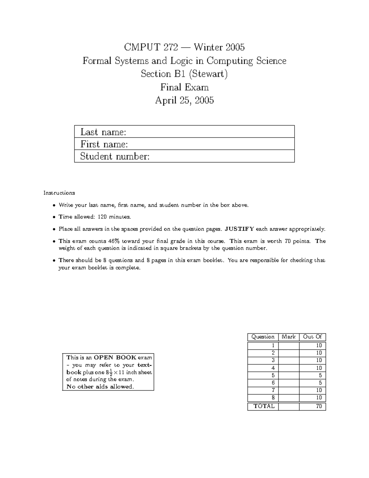 Cmput 272final 2 - CMPUT 272 — Winter 2005 Formal Systems and Logic in ...